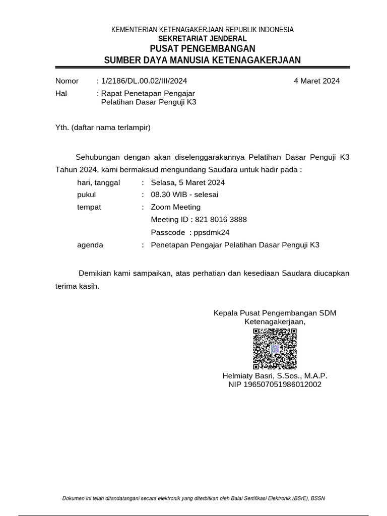 Undangan Rapat Penetapan Pengajar Pelatihan Dasar Penguji K3 | PDF