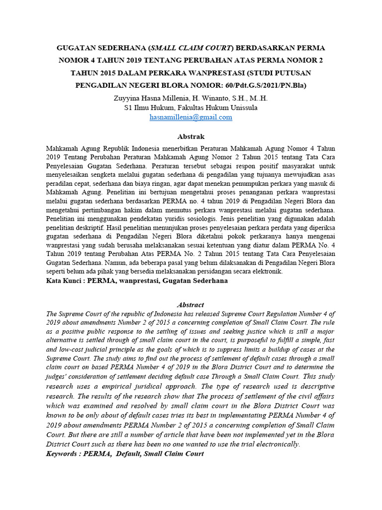 Jurnal Gugatan Wanprestasi Berdasarkan Small Claim Court Atas PERMA No. 4 Tahun 2019 | PDF ...