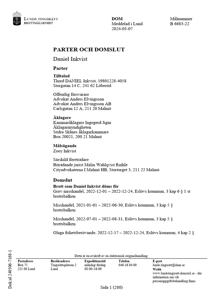 Lunds tingsrätt B 6683-22 Dom 2024-03-07 | PDF