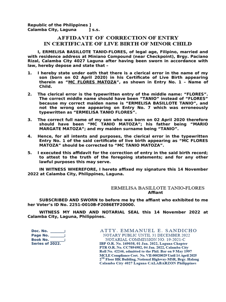 Affidavit of Correction of Entry in BC of Minor Child | Download Free ...