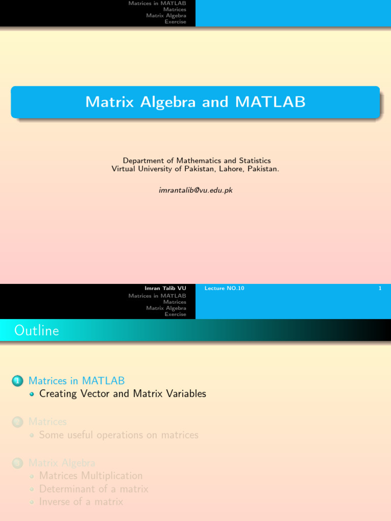 Lecture NO 8 Updated | PDF | Matrix (Mathematics) | Matlab
