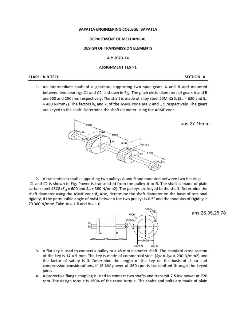 Dte Assignment-1 A.Y 23-24 | PDF | Belt (Mechanical) | Axle