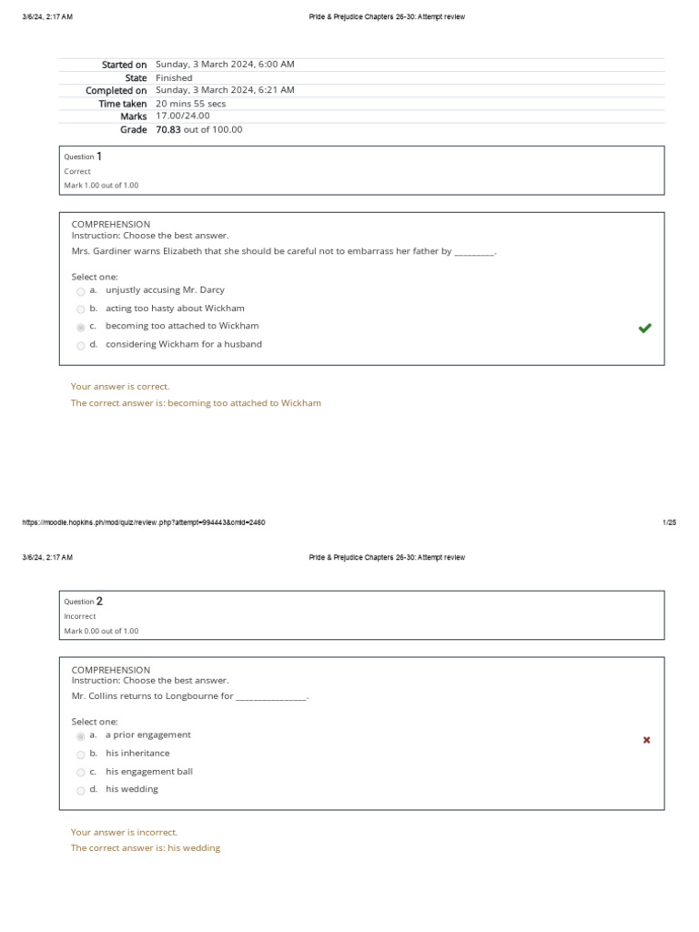 Pride Prejudice Chapters 26 30 Attempt Review | PDF