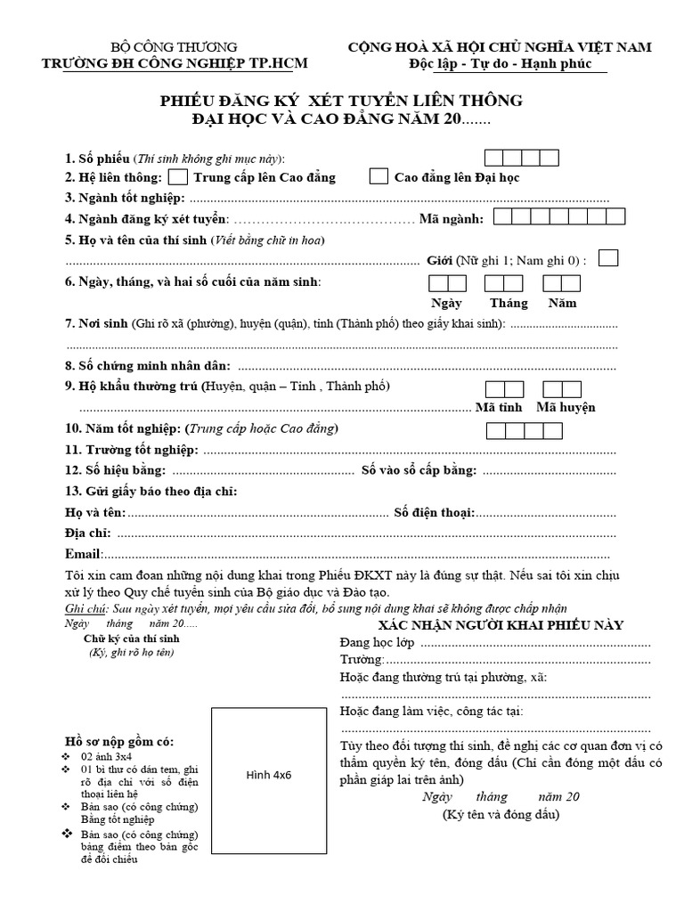 Phieu Dang Ky Xet Tuyen | PDF