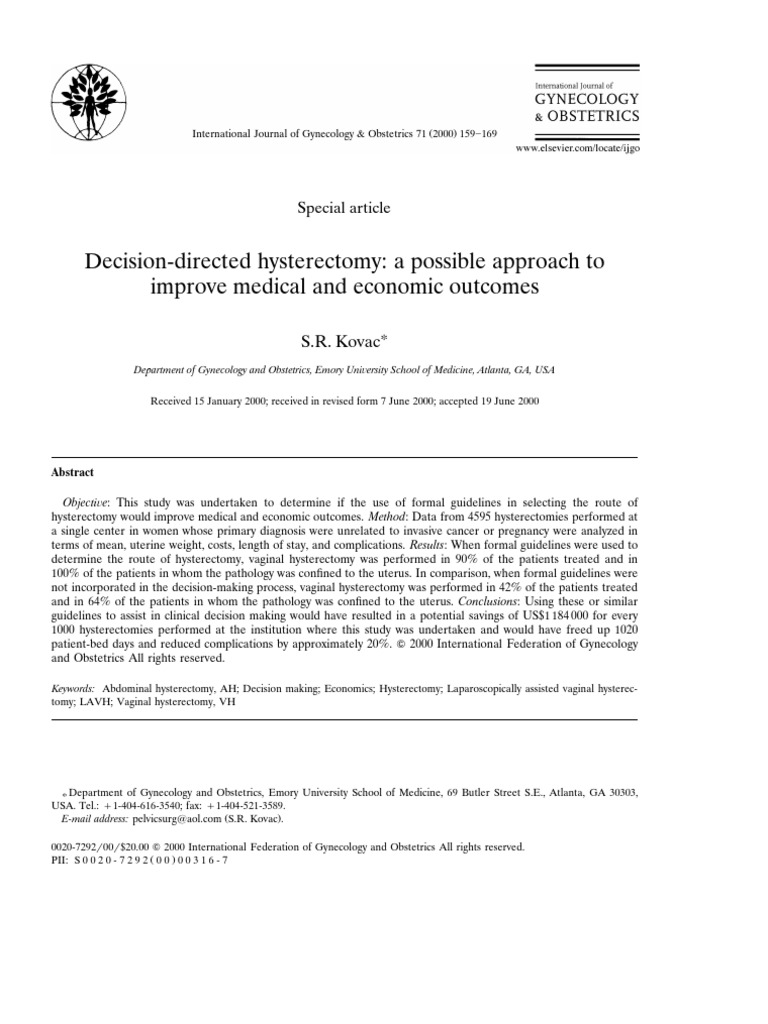 Decision-Directed Hysterectomy. A Possible Aproach To Improve Medical and Economic Outcomes | PDF