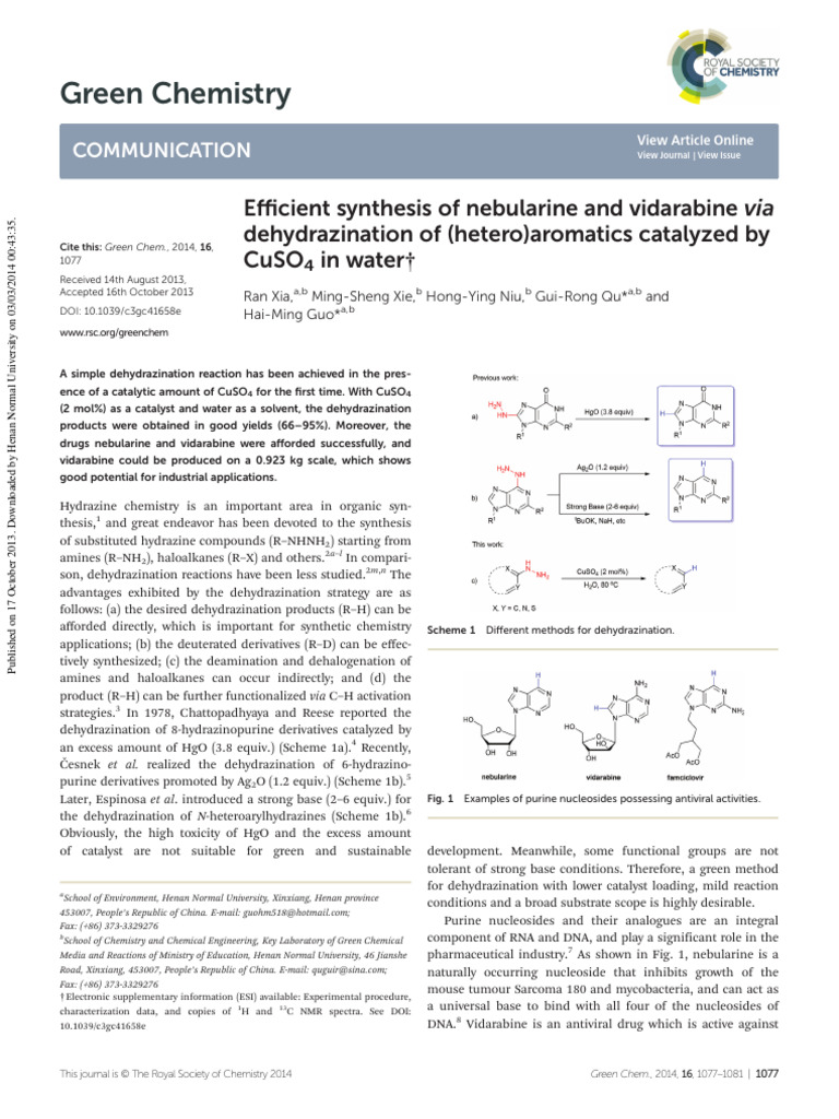 Green Synthesis of Nebularine and Vidarabine | PDF | Chemical Reactions ...