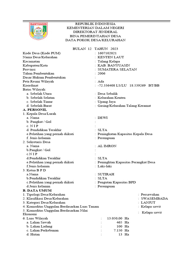 Data Monografi Desa Kenten Laut | PDF