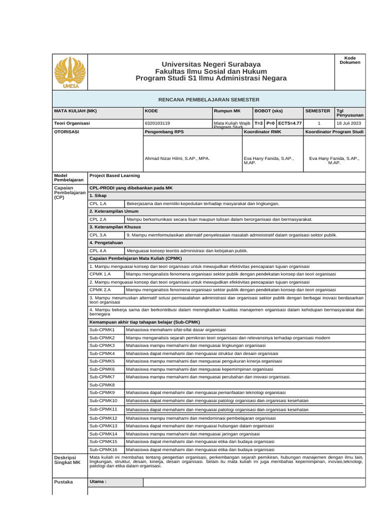 RPS Teori Organisasi | PDF