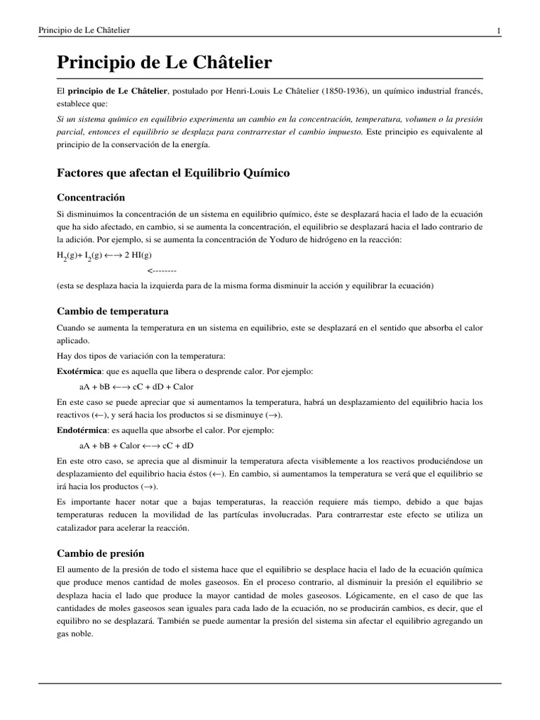 Principio de Le Chatelier | Descargar gratis PDF | Equilibrio químico | Química Física