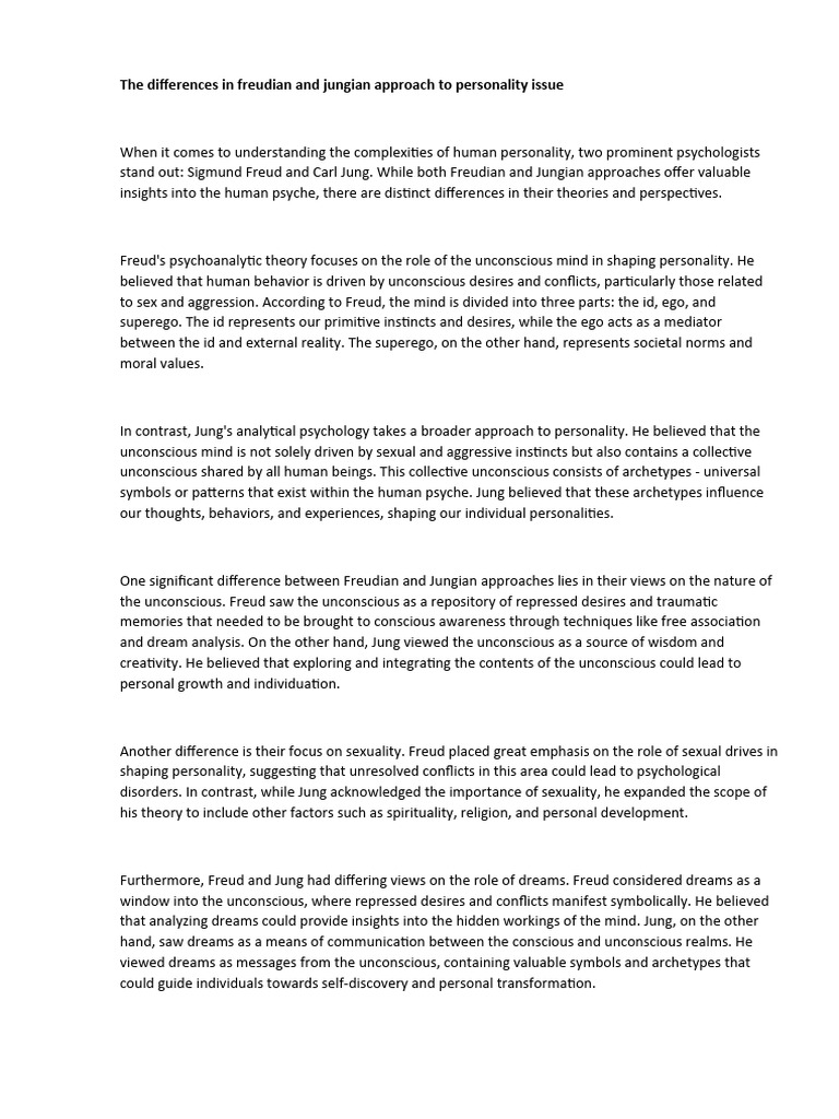 Freud vs. Jung: Key Personality Differences | PDF | Unconscious Mind | Id