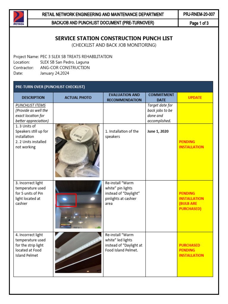 Treats Pec 3 Punchlist Update | PDF