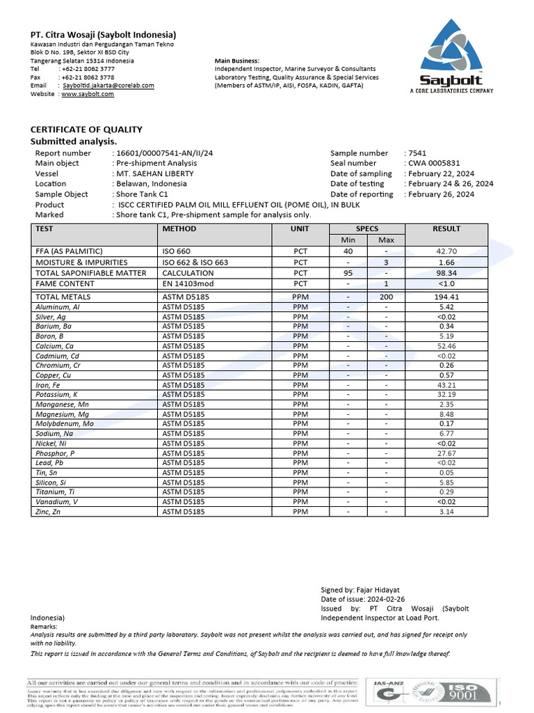 7541.0001-COA(2)-WIL-2.5KT POME-SHORE TANK PRESHIPMENT-MT SAEHAN ...