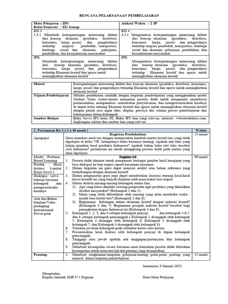RPP1 Lembar IPS Kelas 9 Materi 3 | PDF | Karier & Perkembangan | Ilmu Sosial