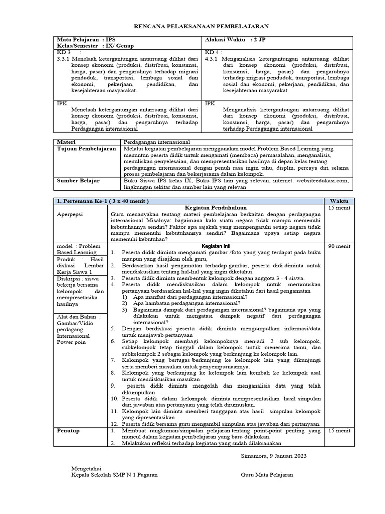 RPP1 Lembar IPS Kelas 9 Materi 2 | PDF