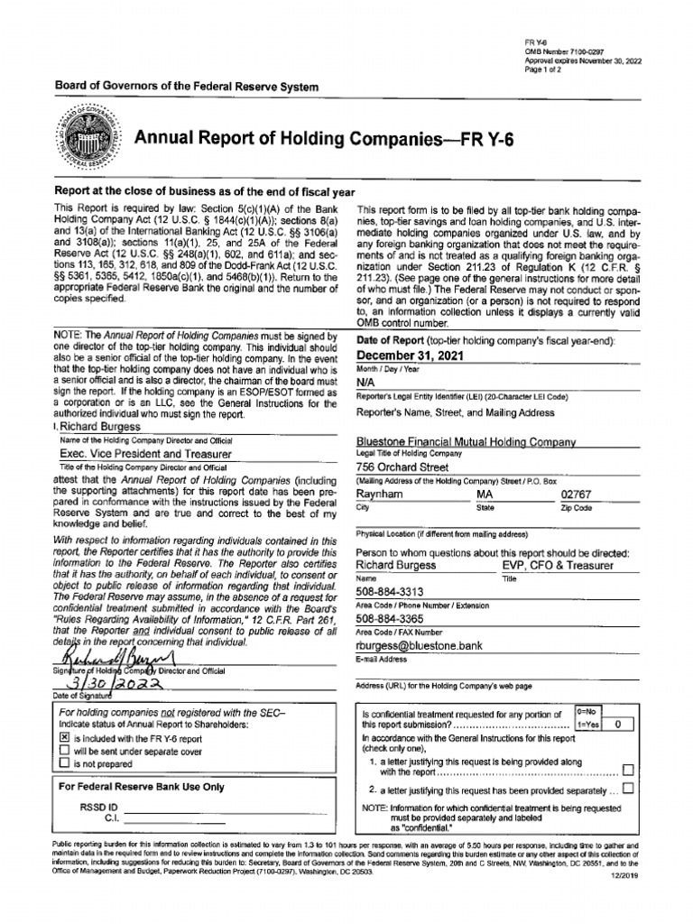 Bluestone Financial MHC 3134102 20211231 | PDF | Audit | Internal Control