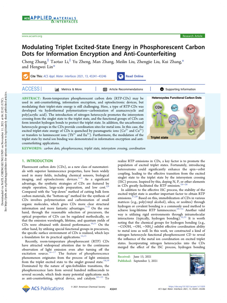 ACS Appl Mater Interfaces 13-43241-2021 | PDF | Fluorescence | Emission ...