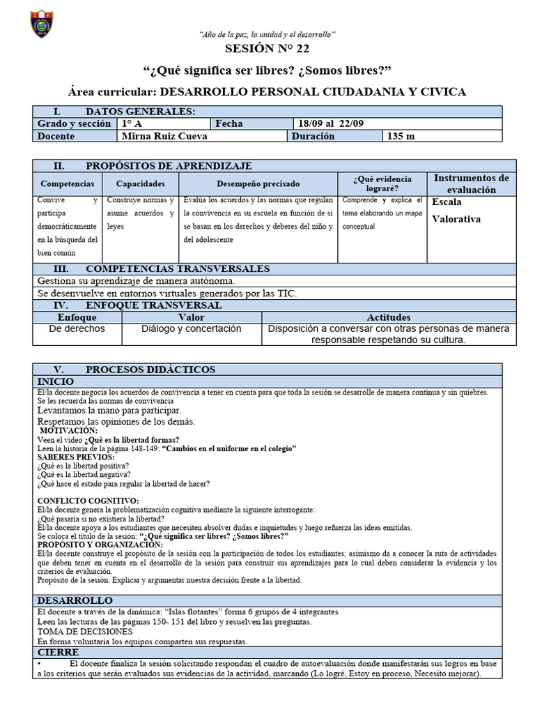 Sesión 1ro° Dpcc Semana 22 Pdf Evaluación Aprendizaje 5407