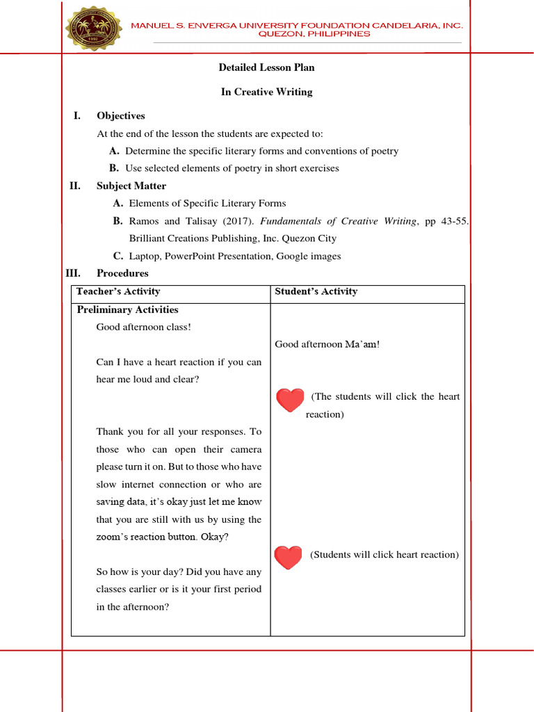 Detailed Lesson Plan in Creative Writing | PDF | Metre (Poetry) | Poetry