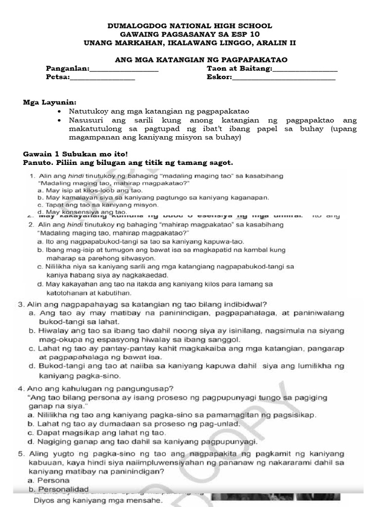 Activity Worksheet in Esp 10 l2 | PDF