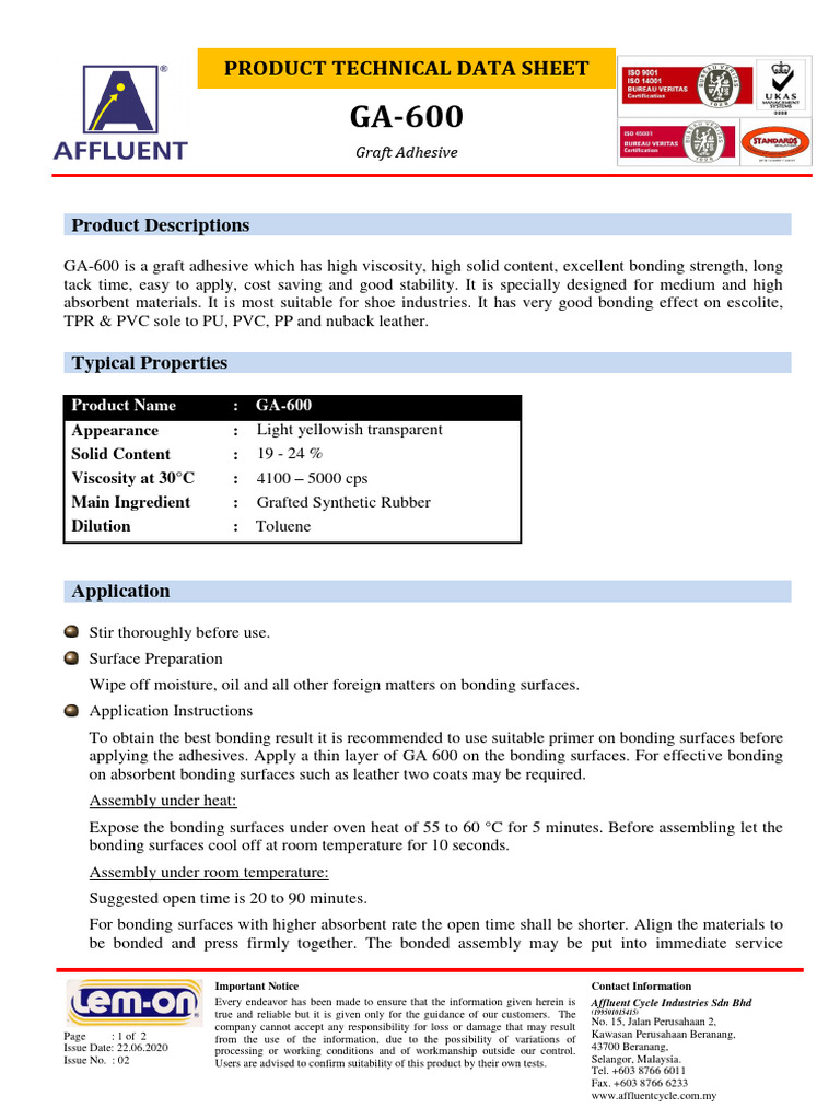 GA 600 (R2) Tds | PDF | Adhesive | Physical Sciences