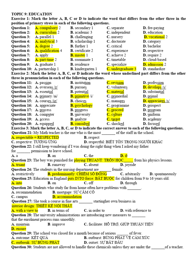 TOPIC 9. EDUCATION (EXE) - KEY CHI TIẾT | PDF