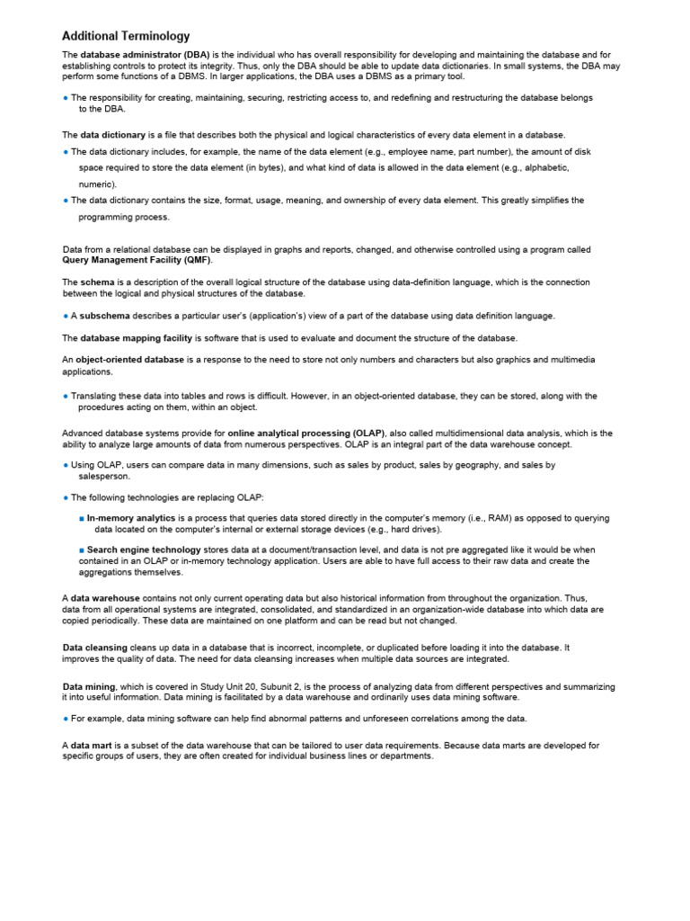 Additional Terminology | PDF | Databases | Data Warehouse