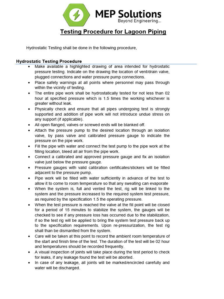 Hydrostatic Testing Procedure | PDF