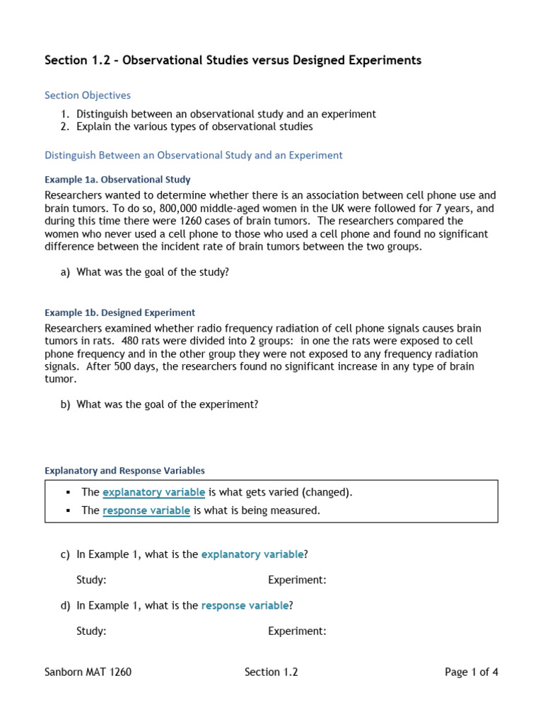 1.2 Observational Studies Notes MAT 1260 | PDF | Confounding | Experiment