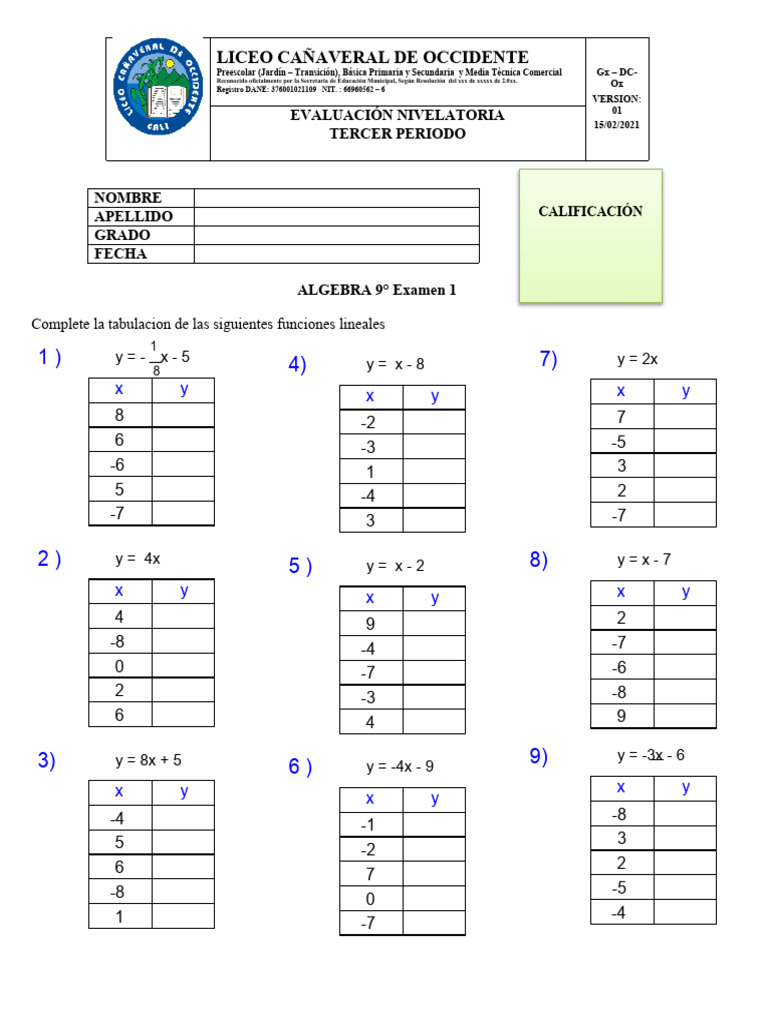 Evaluación Algebra 9° Funciones Lineales | PDF