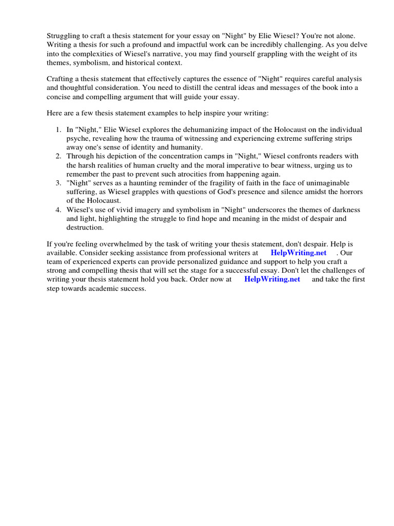 Thesis Statement Examples For Night by Elie Wiesel | PDF