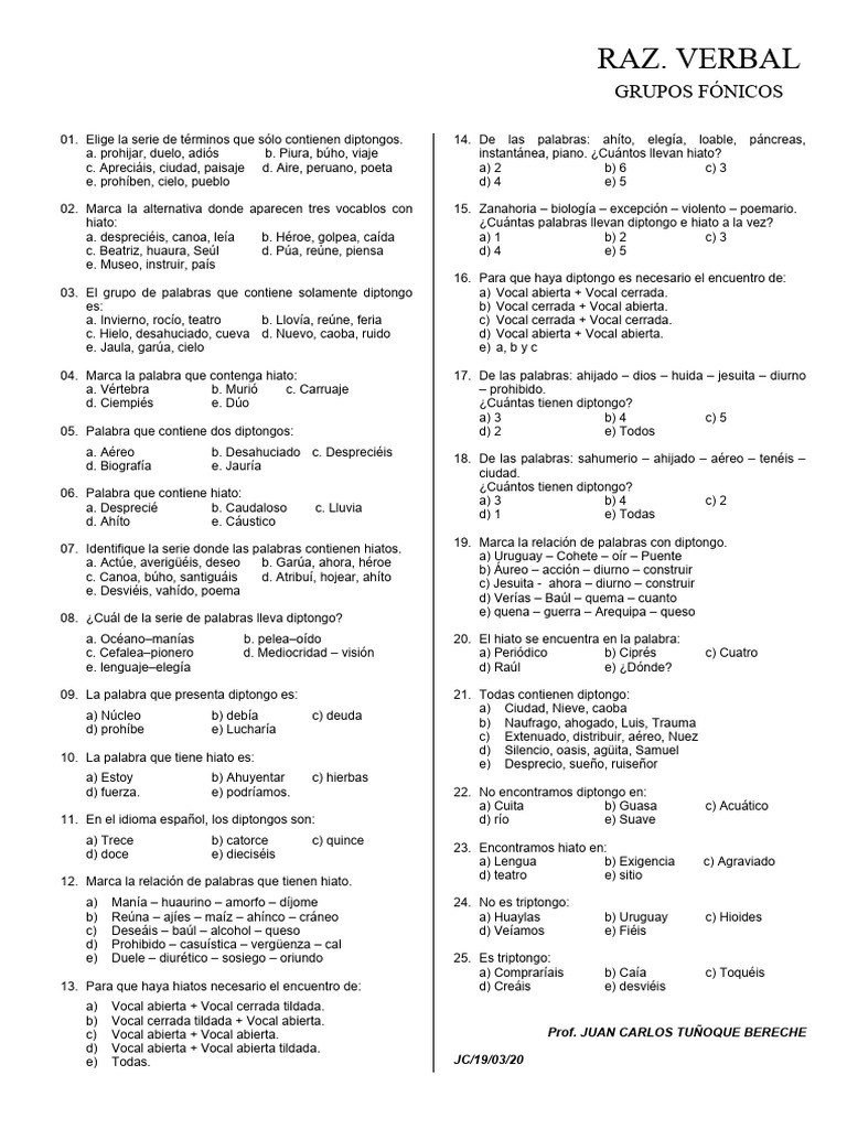Diptongos y Hiatos en Español: Ejercicios | PDF
