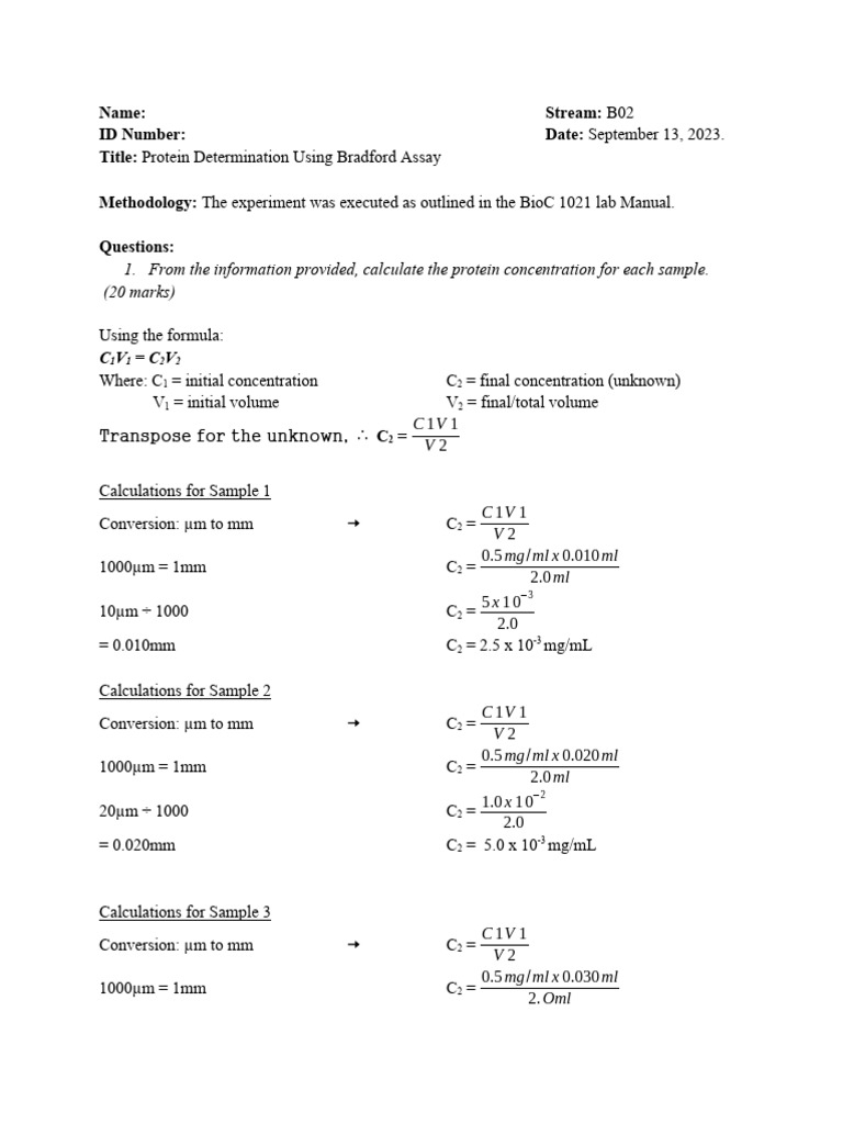BioChemistry 1021 Lab - Protein Determination | Download Free PDF ...