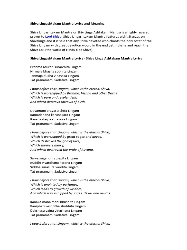 Shiva Lingashtakam Lyrics and Meaning | PDF | Religion & Spirituality ...