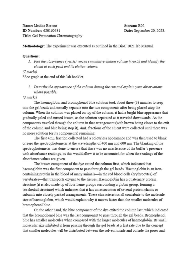 BIOC 1021 - Gel Permeation Lab | PDF | Foreign Language Studies ...