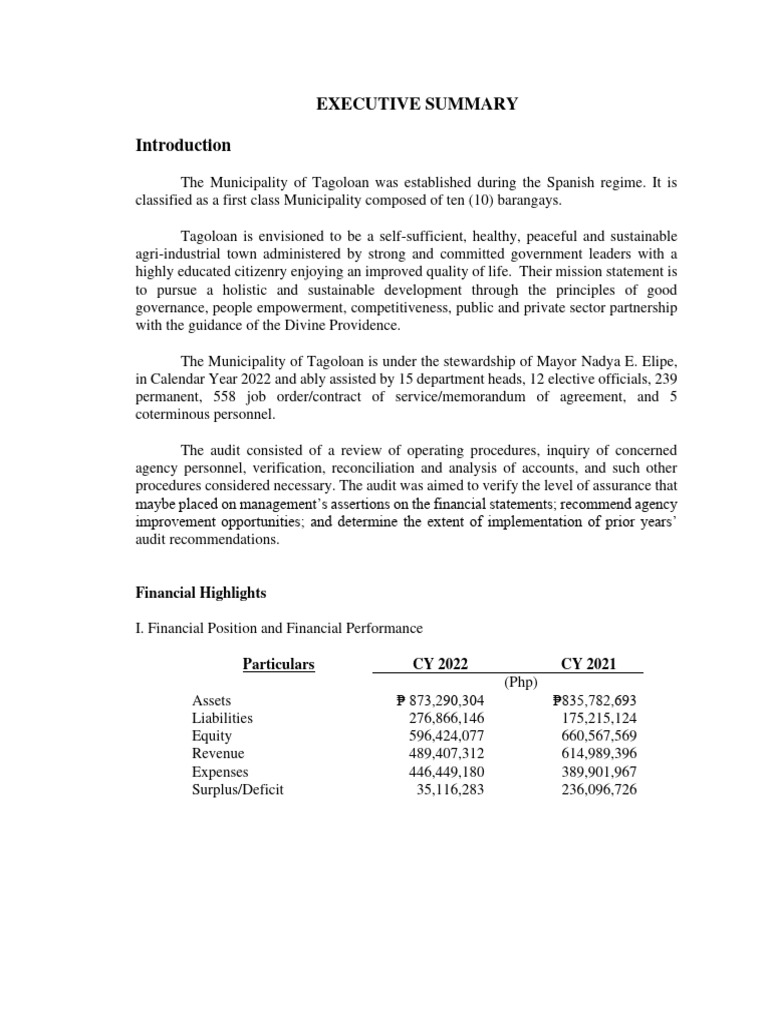 Tagoloan Executive Summary2022 | PDF | Finance & Money Management