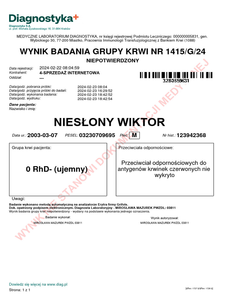 Wynik Badania Grupy Krwi NR 1415/G/24: Wynik Nie Stanowi Dokumentacji ...