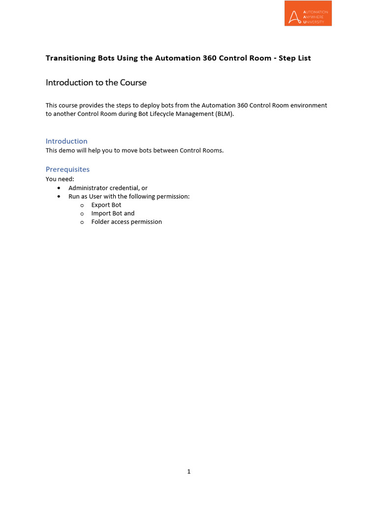 Transitioning Bots Using the Automation 360 Control Room - Step List ...