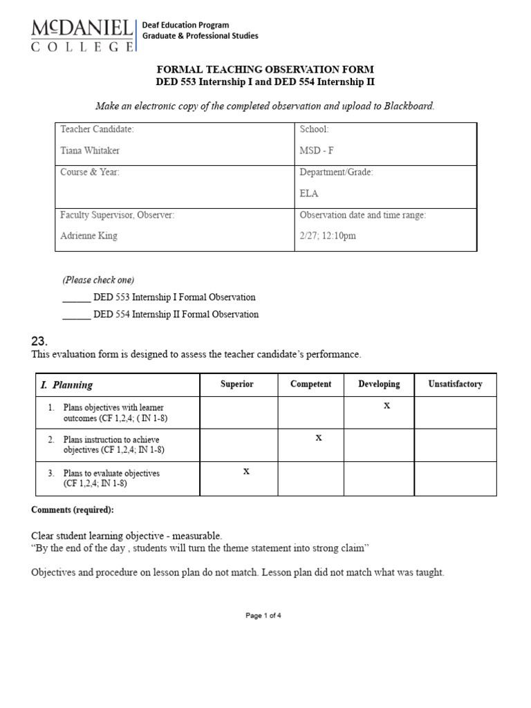 Tiana Formal Teaching Observation Form 1 | PDF