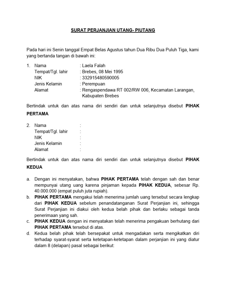 Contoh Surat Perjanjian Utang | PDF