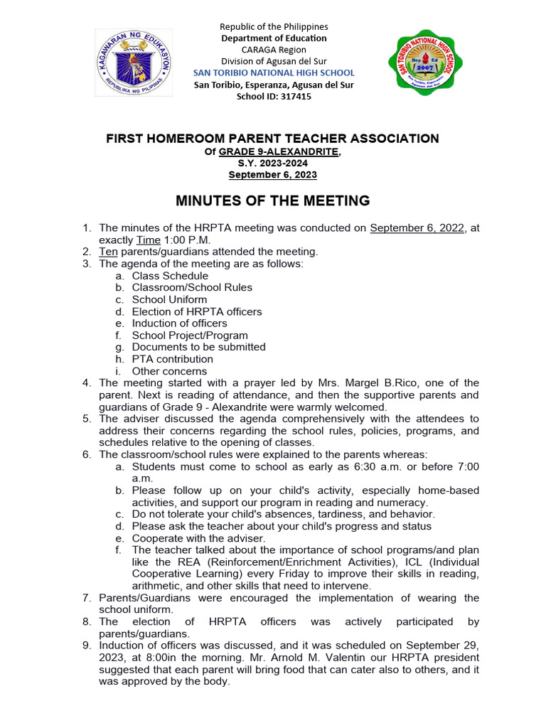 MINUTES OF THE MEETING HOMEROOM PARENT TEACHER ASSOCIATION ...