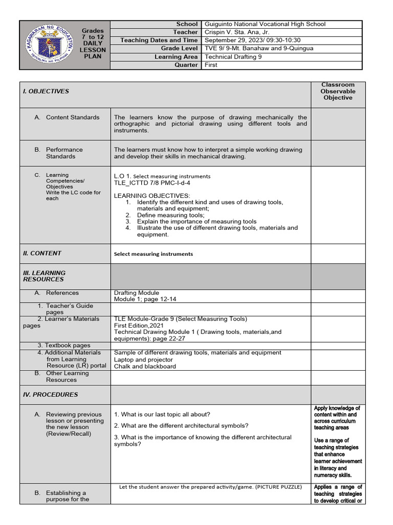 Daily Lesson Plan Architectural Tools | PDF