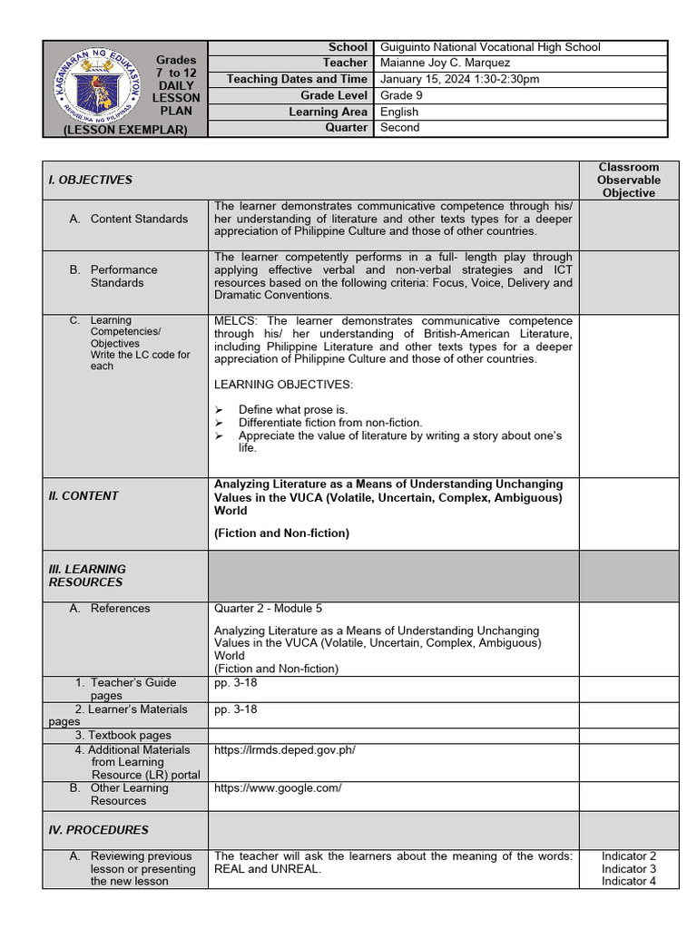Detailed Lesson Plan English 9 | PDF | Learning | Teachers