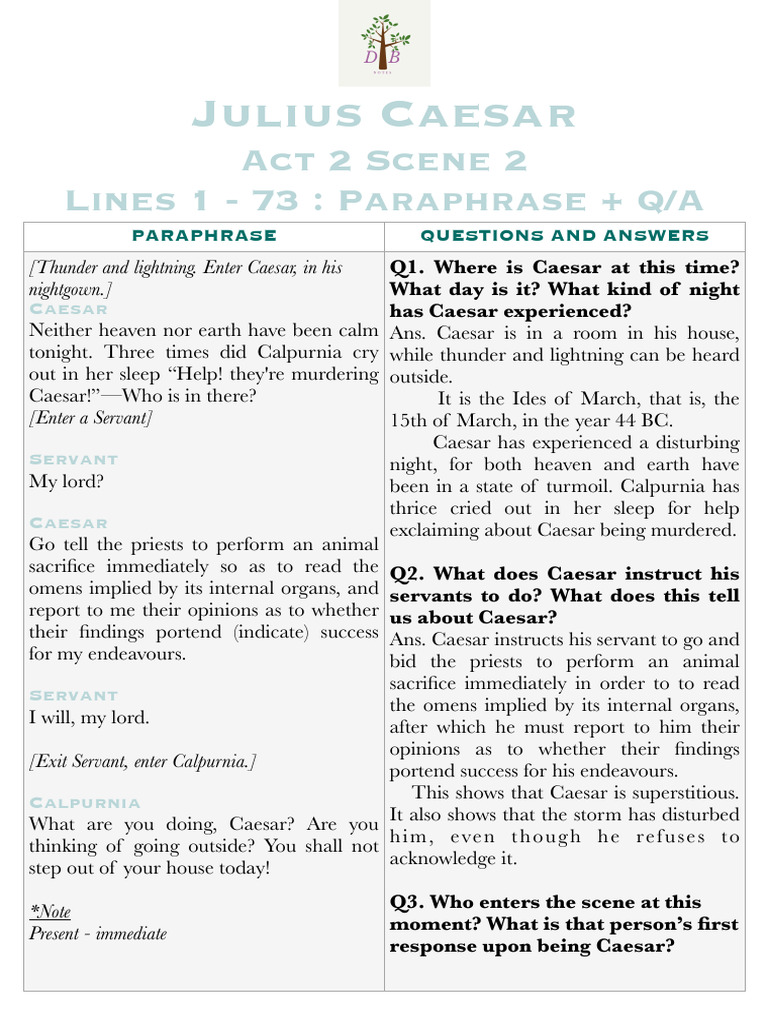 Julius Caesar Act 2 Scene 2, Lines 1 - 73 Paraphrase + Q-A | PDF ...