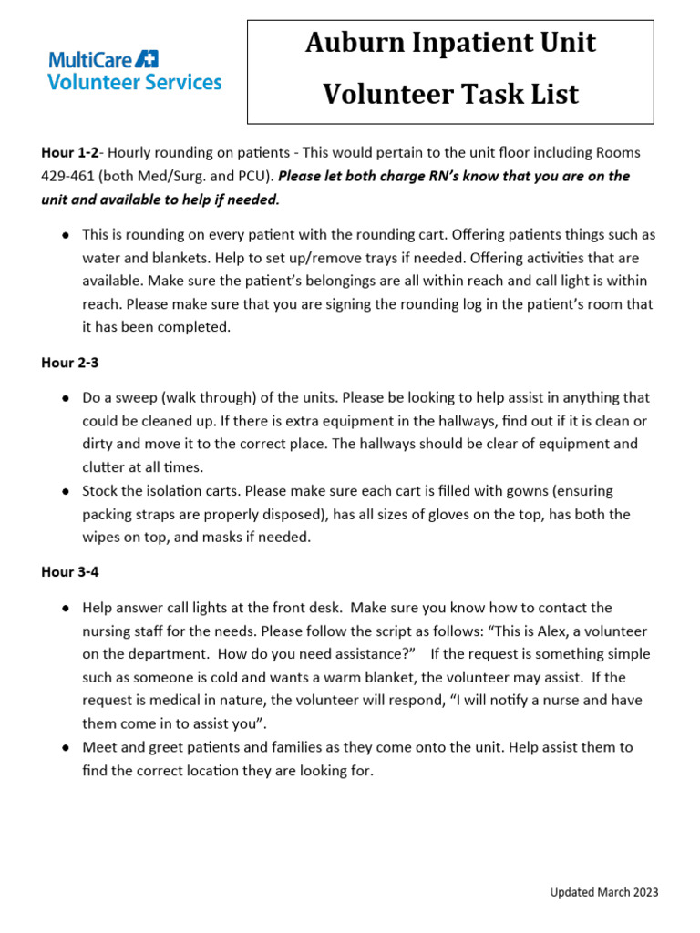 Inpatient Volunteer Task List 3-23 | PDF | Nursing | Public Services