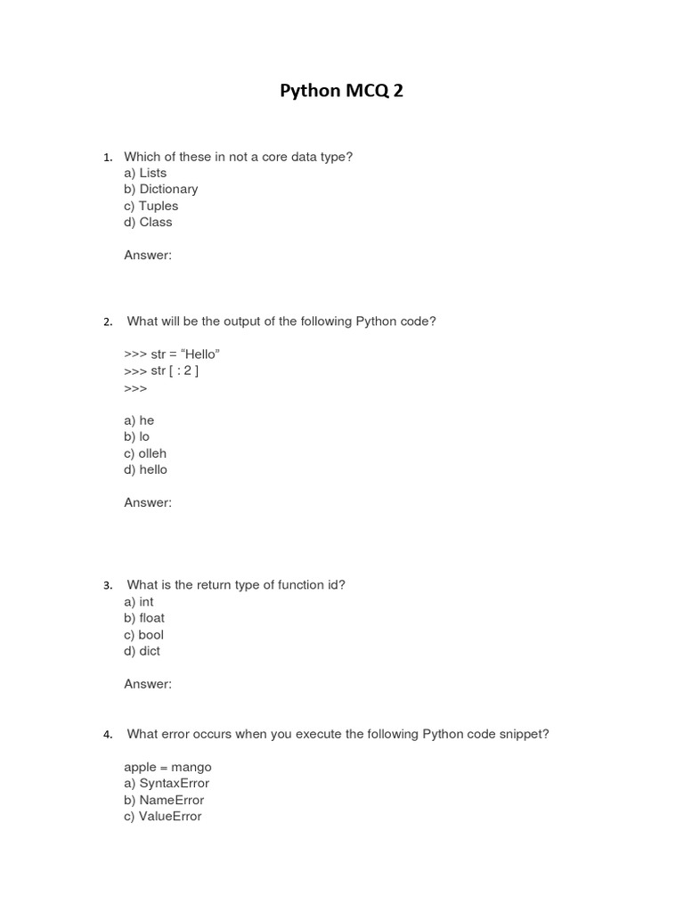 python mcq 2-1 | PDF | Python (Programming Language) | Computer Science