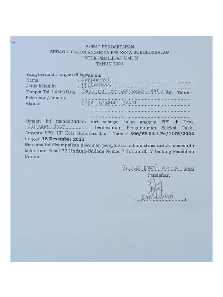 Surat Pendaftaran PPS Sarma | PDF