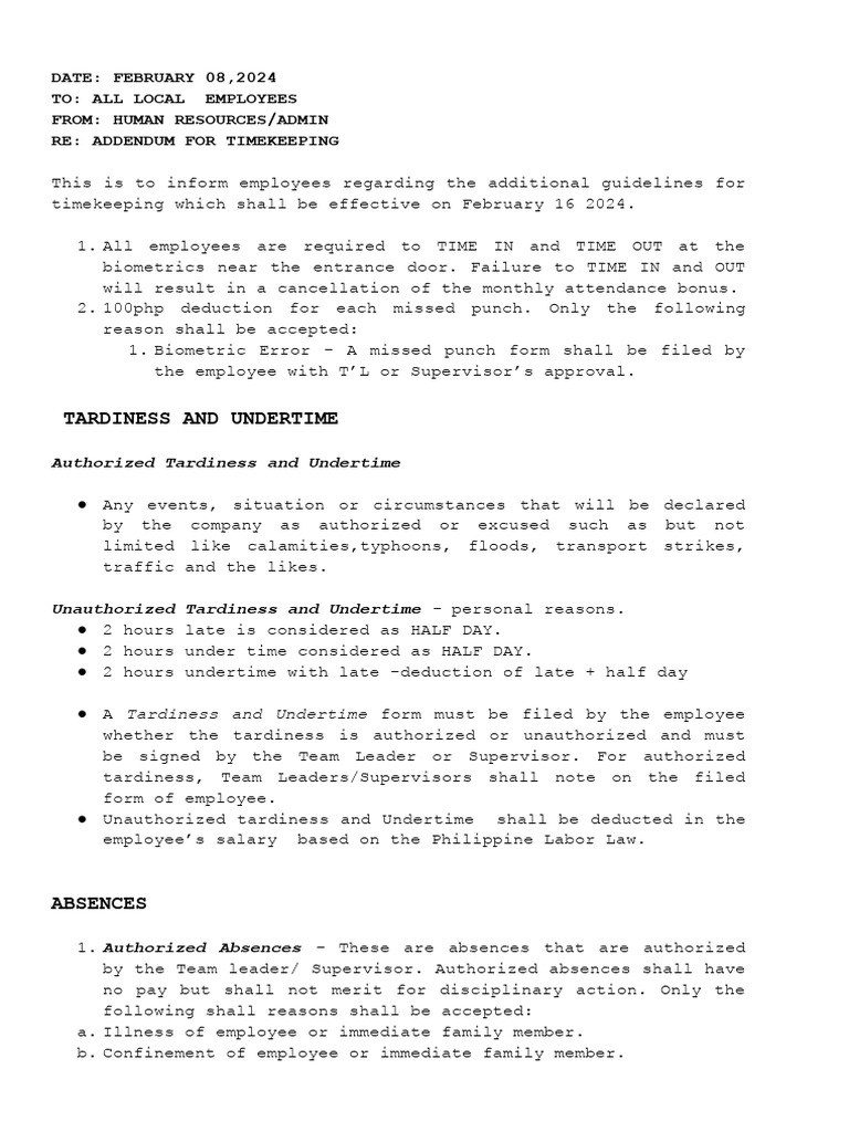 Timekeeping Guidelines for Employees | PDF | Employment | Labor