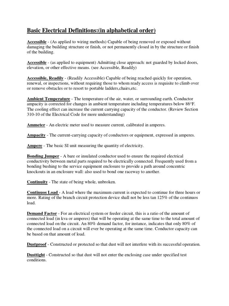 Basic Electrical Definitions | PDF | Switch | Electrical Resistance And ...