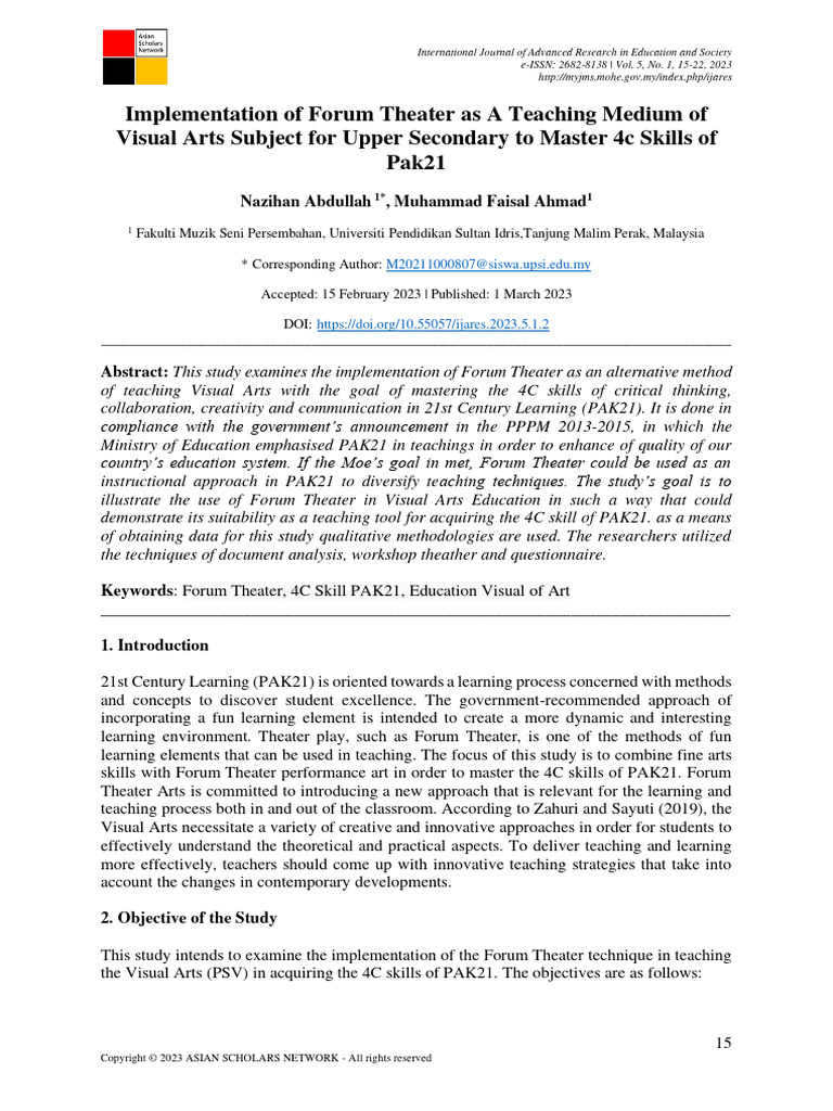 Implementation of Forum Theater As A Teaching Medium of Visual Arts ...