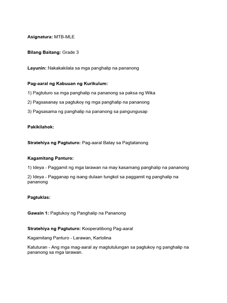 Lesson - Plan MTB3 - Idetifying Interrogative Pronouns | PDF